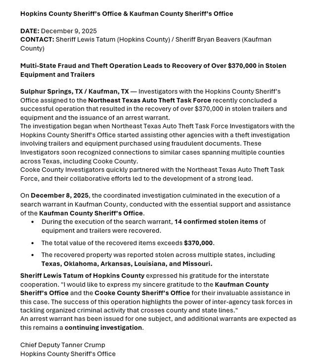 Over $370,000 in Stolen Trailers and Equipment Recovered in Kaufman County